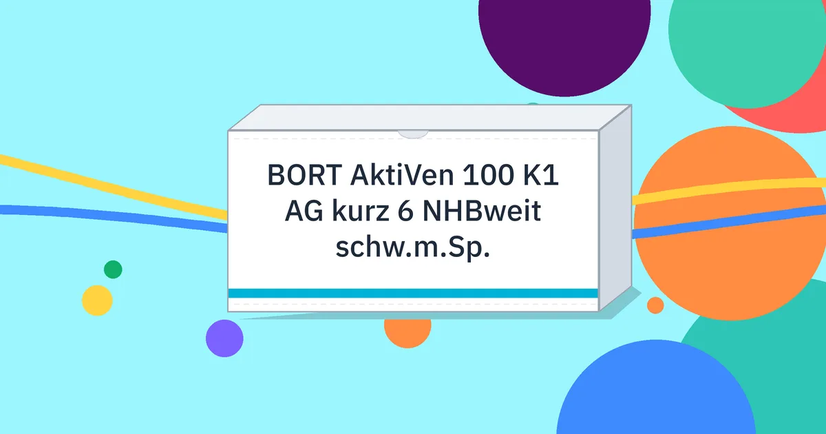Symbolbild: Packung mit der Aufschrift BORT AktiVen 100 K1 AG kurz 6 NHBweit schw.m.Sp. (PZN 14388539) – Verfügbarkeit und Bezug in Apotheken in Frankfurt am Main