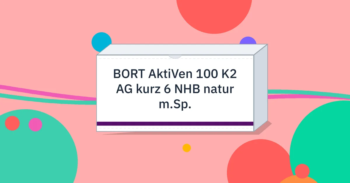 Symbolbild: Packung mit der Aufschrift BORT AktiVen 100 K2 AG kurz 6 NHB natur m.Sp. (PZN 13730591) – Verfügbarkeit und Bezug in Apotheken in Frankfurt am Main