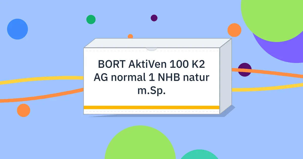 Symbolbild: Packung mit der Aufschrift BORT AktiVen 100 K2 AG normal 1 NHB natur m.Sp. (PZN 13730361) – Verfügbarkeit und Bezug in Apotheken in Frankfurt am Main