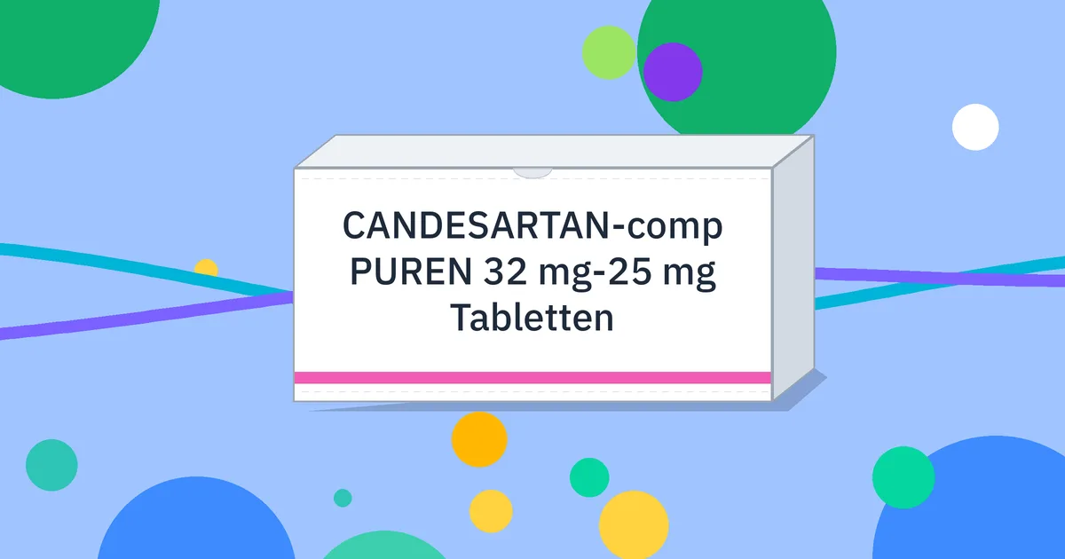 Symbolbild: Packung mit der Aufschrift CANDESARTAN-comp PUREN 32 mg-25 mg Tabletten (PZN 11354014) – Verfügbarkeit und Bezug in Apotheken in Frankfurt am Main