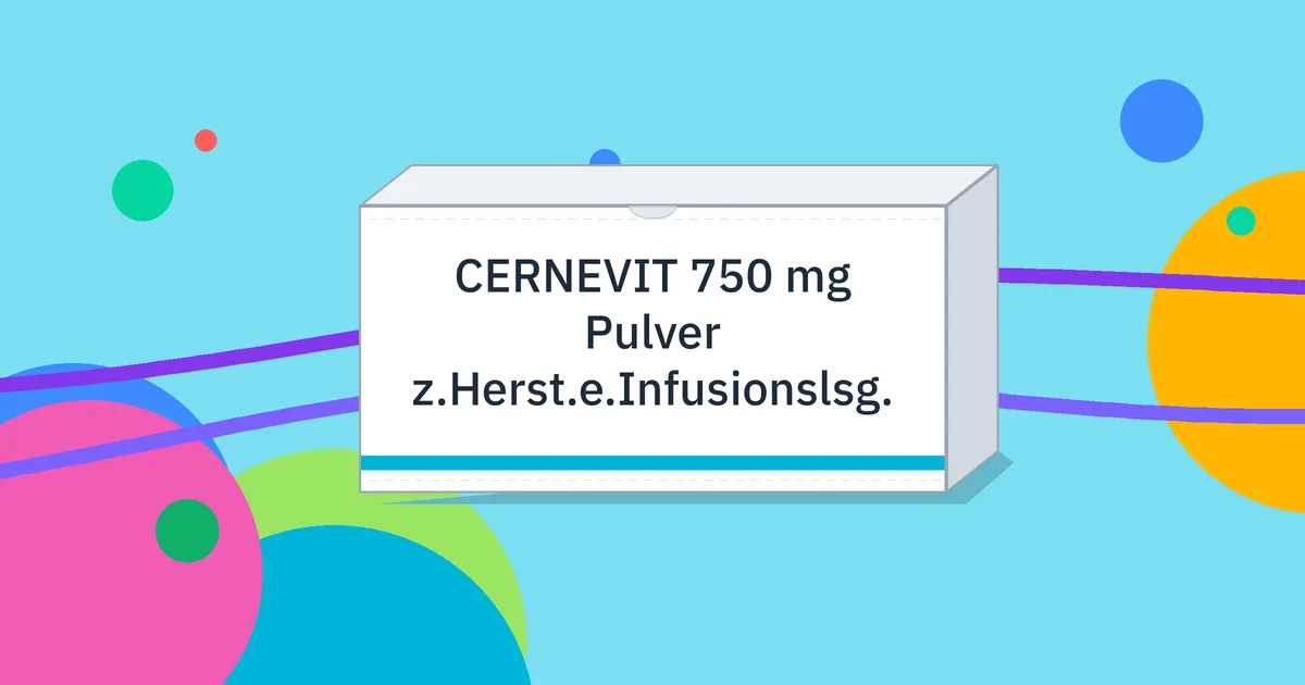 Symbolbild: Packung mit der Aufschrift CERNEVIT 750 mg Pulver z.Herst.e.Infusionslsg. (PZN 09510205) – Verfügbarkeit und Bezug in Apotheken in Frankfurt am Main