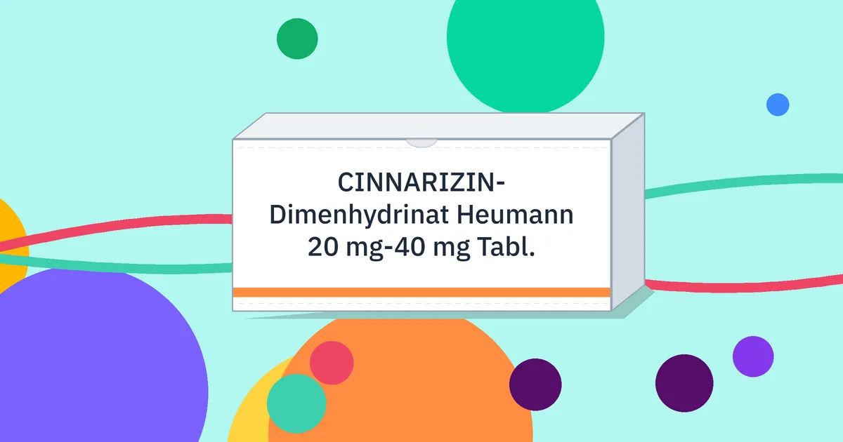 Symbolbild: Packung mit der Aufschrift CINNARIZIN-Dimenhydrinat Heumann 20 mg-40 mg Tabl. (PZN 18074068) – Verfügbarkeit und Bezug in Apotheken in Frankfurt am Main