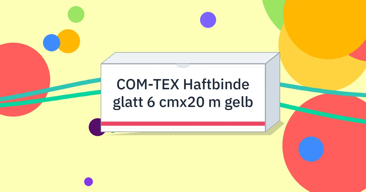 Symbolbild: Packung mit der Aufschrift COM-TEX Haftbinde glatt 6 cmx20 m gelb (PZN 03090021) – Verfügbarkeit und Bezug in Apotheken in Frankfurt am Main