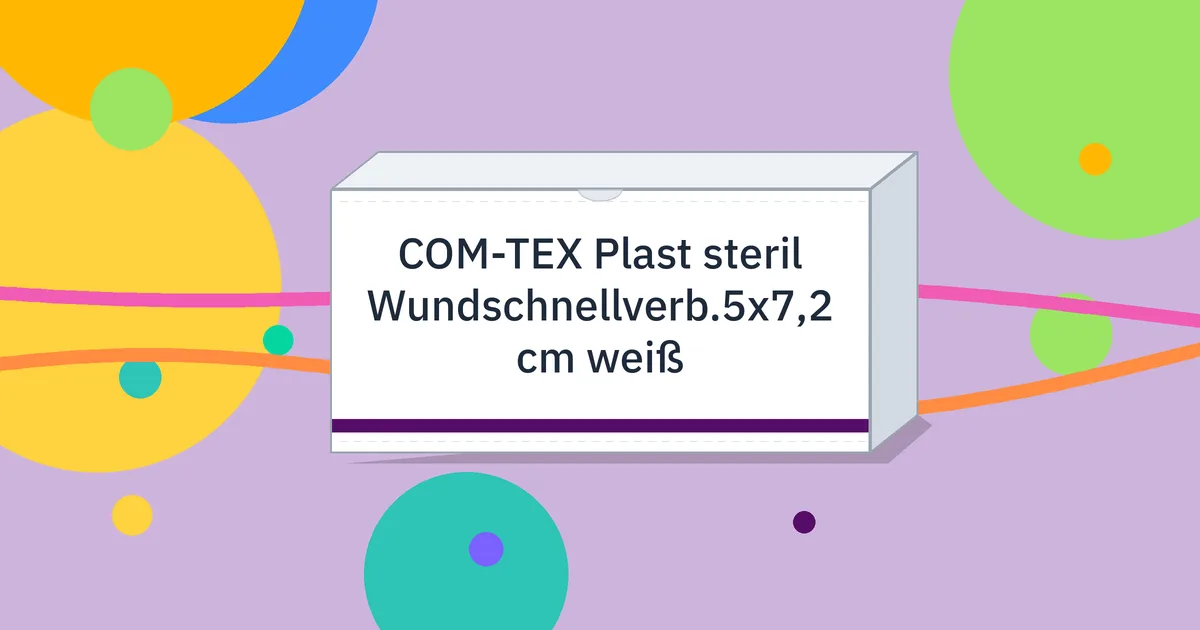 Symbolbild: Packung mit der Aufschrift COM-TEX Plast steril Wundschnellverb.5x7,2 cm weiß (PZN 18307213) – Verfügbarkeit und Bezug in Apotheken in Frankfurt am Main