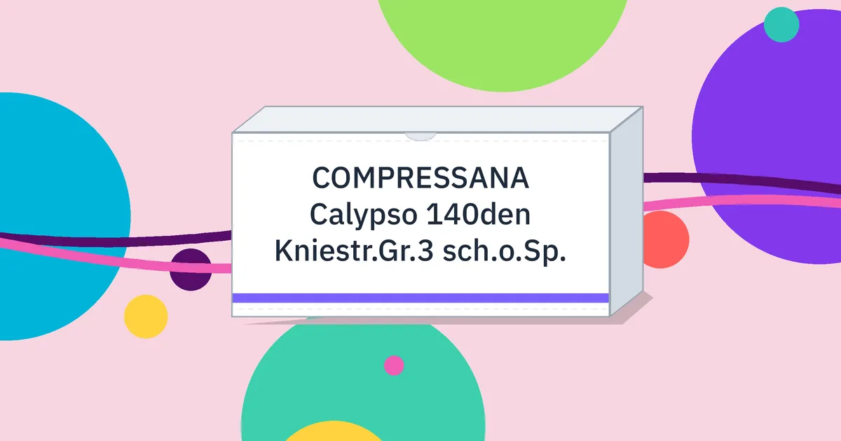 Symbolbild: Packung mit der Aufschrift COMPRESSANA Calypso 140den Kniestr.Gr.3 sch.o.Sp. (PZN 09076909) – Verfügbarkeit und Bezug in Apotheken in Frankfurt am Main