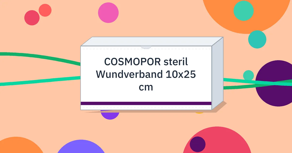 Symbolbild: Packung mit der Aufschrift COSMOPOR steril Wundverband 10x25 cm (PZN 20165619) – Verfügbarkeit und Bezug in Apotheken in Frankfurt am Main