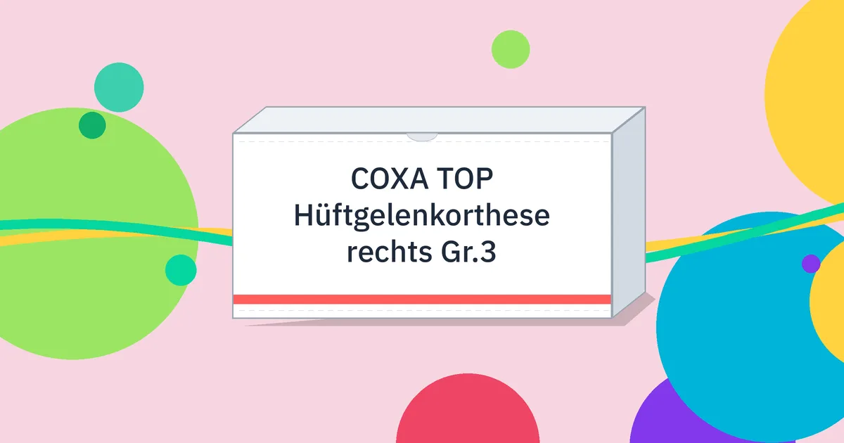 Symbolbild: Packung mit der Aufschrift COXA TOP Hüftgelenkorthese rechts Gr.3 (PZN 05045763) – Verfügbarkeit und Bezug in Apotheken in Frankfurt am Main