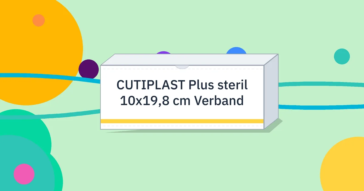 Symbolbild: Packung mit der Aufschrift CUTIPLAST Plus steril 10x19,8 cm Verband (PZN 09732609) – Verfügbarkeit und Bezug in Apotheken in Frankfurt am Main