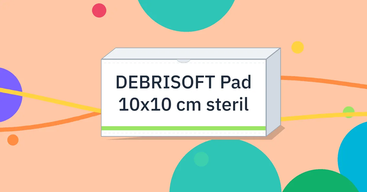 Symbolbild: Packung mit der Aufschrift DEBRISOFT Pad 10x10 cm steril (PZN 16567766) – Verfügbarkeit und Bezug in Apotheken in Frankfurt am Main