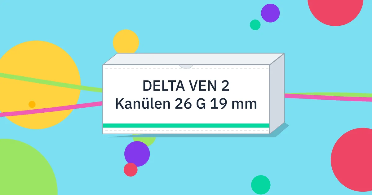 Symbolbild: Packung mit der Aufschrift DELTA VEN 2 Kanülen 26 G 19 mm (PZN 07757717) – Verfügbarkeit und Bezug in Apotheken in Frankfurt am Main