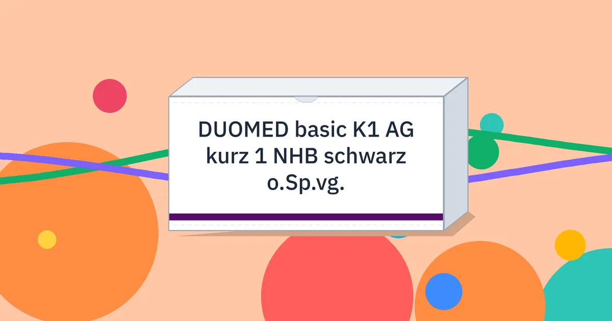 Symbolbild: Packung mit der Aufschrift DUOMED basic K1 AG kurz 1 NHB schwarz o.Sp.vg. (PZN 20904726) – Verfügbarkeit und Bezug in Apotheken in Frankfurt am Main