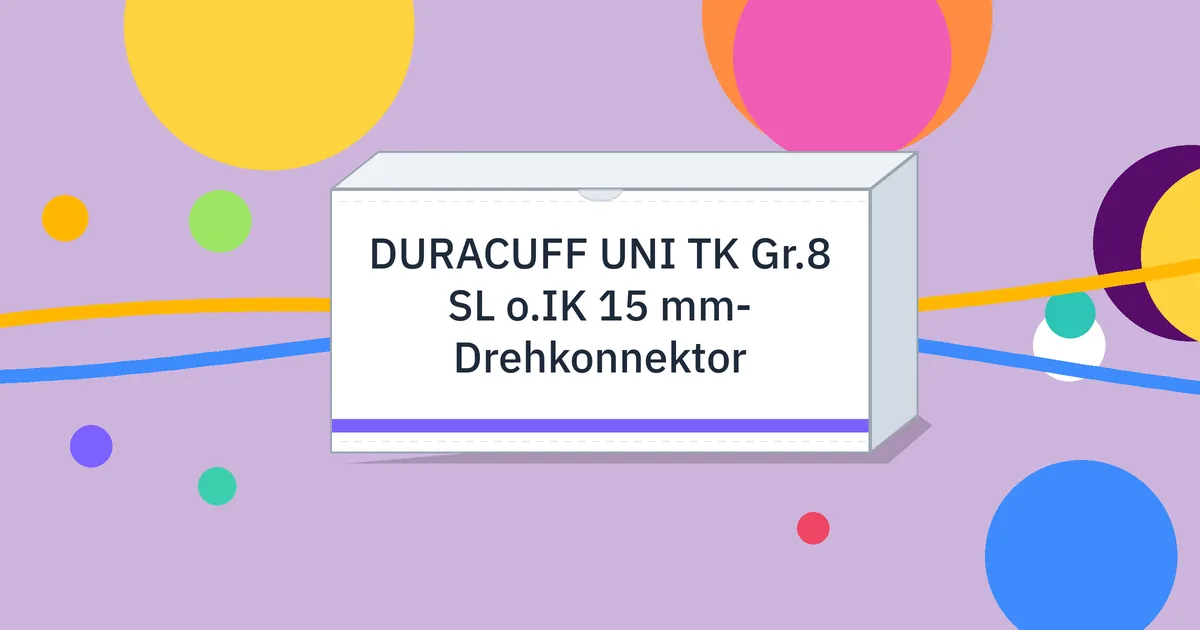 Symbolbild: Packung mit der Aufschrift DURACUFF UNI TK Gr.8 SL o.IK 15 mm-Drehkonnektor (PZN 04958361) – Verfügbarkeit und Bezug in Apotheken in Frankfurt am Main