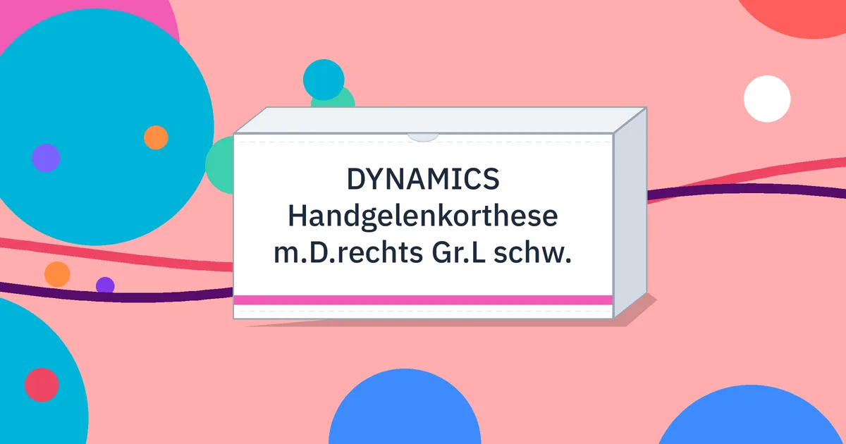 Symbolbild: Packung mit der Aufschrift DYNAMICS Handgelenkorthese m.D.rechts Gr.L schw. (PZN 10633172) – Verfügbarkeit und Bezug in Apotheken in Frankfurt am Main