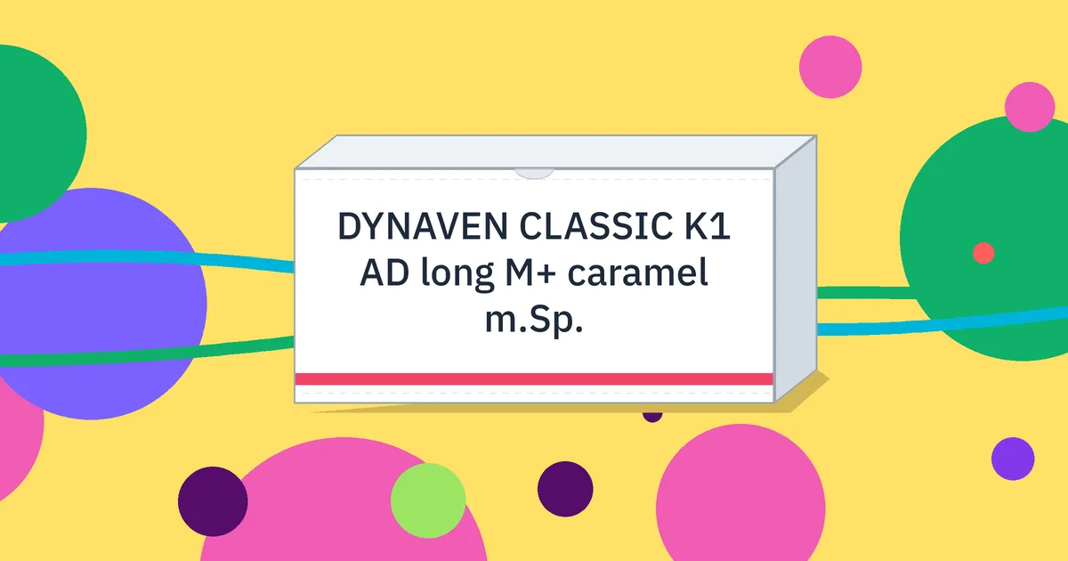 Symbolbild: Packung mit der Aufschrift DYNAVEN CLASSIC K1 AD long M+ caramel m.Sp. (PZN 18414972) – Verfügbarkeit und Bezug in Apotheken in Frankfurt am Main