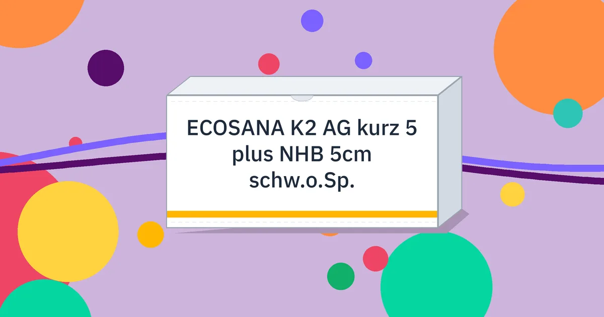 Symbolbild: Packung mit der Aufschrift ECOSANA K2 AG kurz 5 plus NHB 5cm schw.o.Sp. (PZN 01462292) – Verfügbarkeit und Bezug in Apotheken in Frankfurt am Main