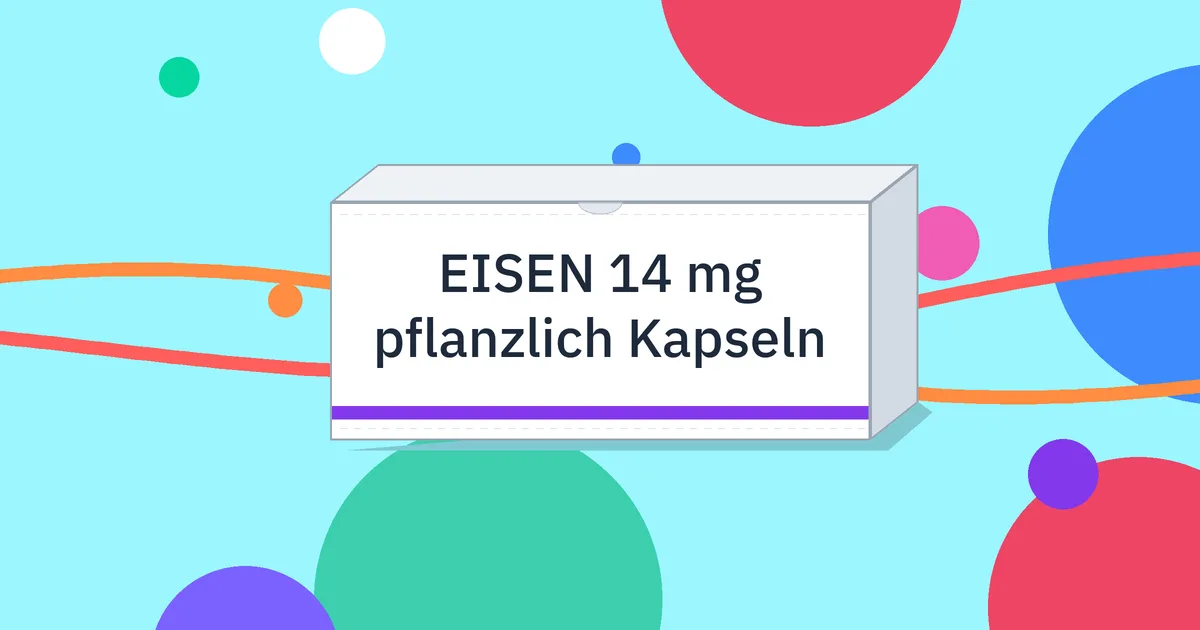 Symbolbild: Packung mit der Aufschrift EISEN 14 mg pflanzlich Kapseln (PZN 18665450) – Verfügbarkeit und Bezug in Apotheken in Frankfurt am Main