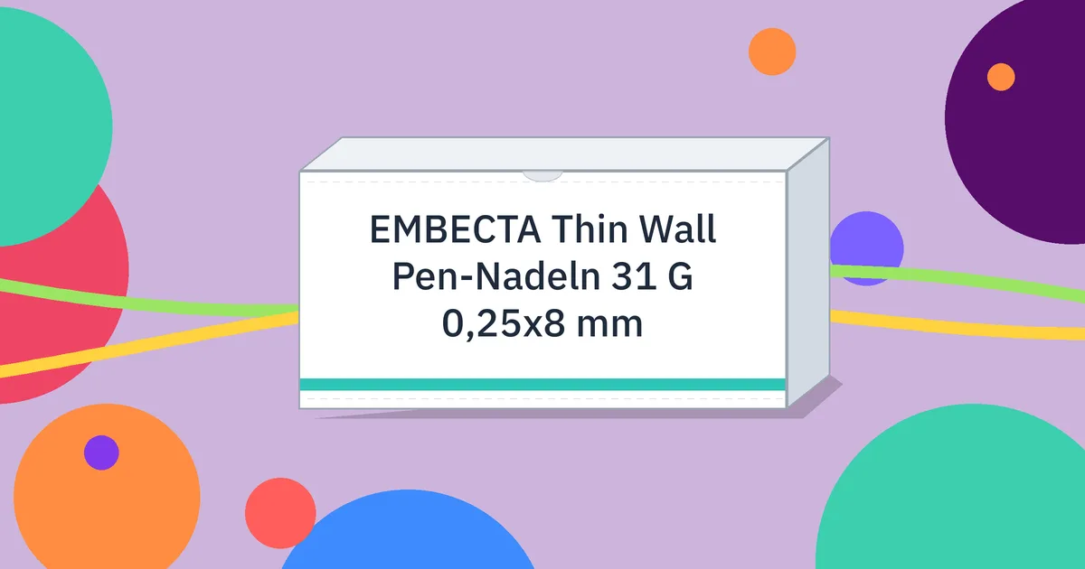Symbolbild: Packung mit der Aufschrift EMBECTA Thin Wall Pen-Nadeln 31 G 0,25x8 mm (PZN 20636728) – Verfügbarkeit und Bezug in Apotheken in Frankfurt am Main