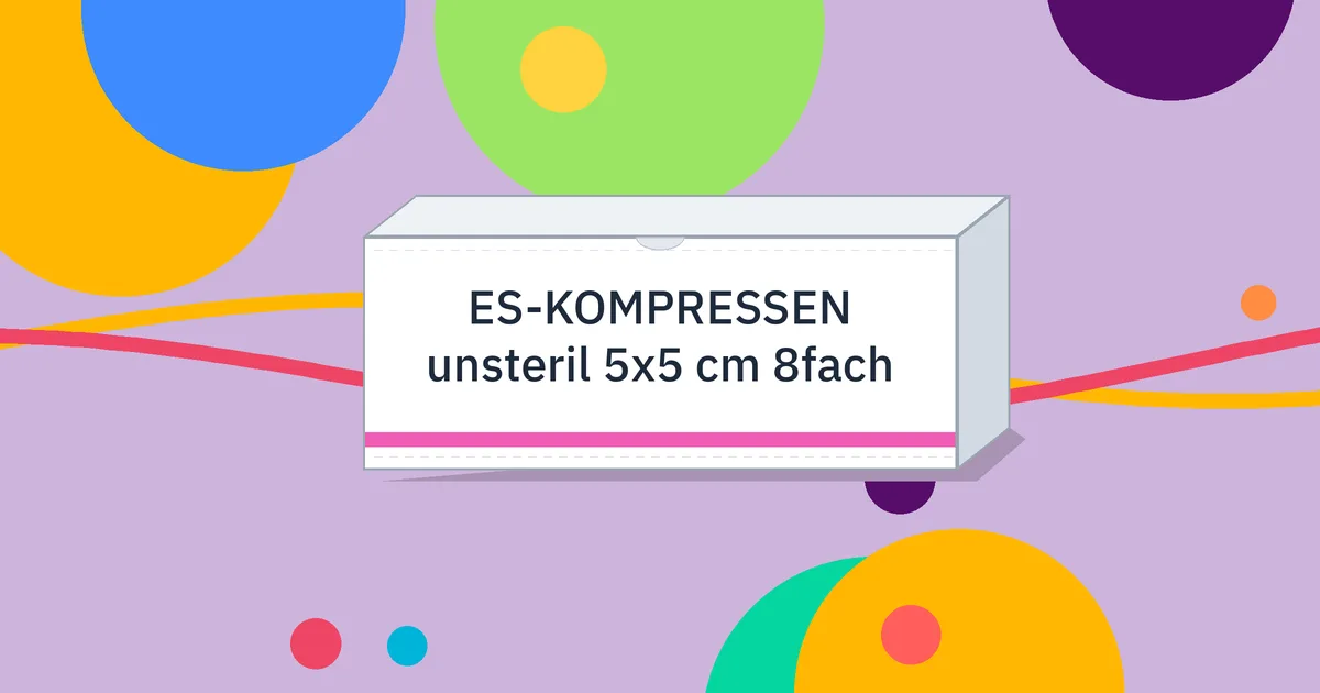 Symbolbild: Packung mit der Aufschrift ES-KOMPRESSEN unsteril 5x5 cm 8fach (PZN 19962032) – Verfügbarkeit und Bezug in Apotheken in Frankfurt am Main