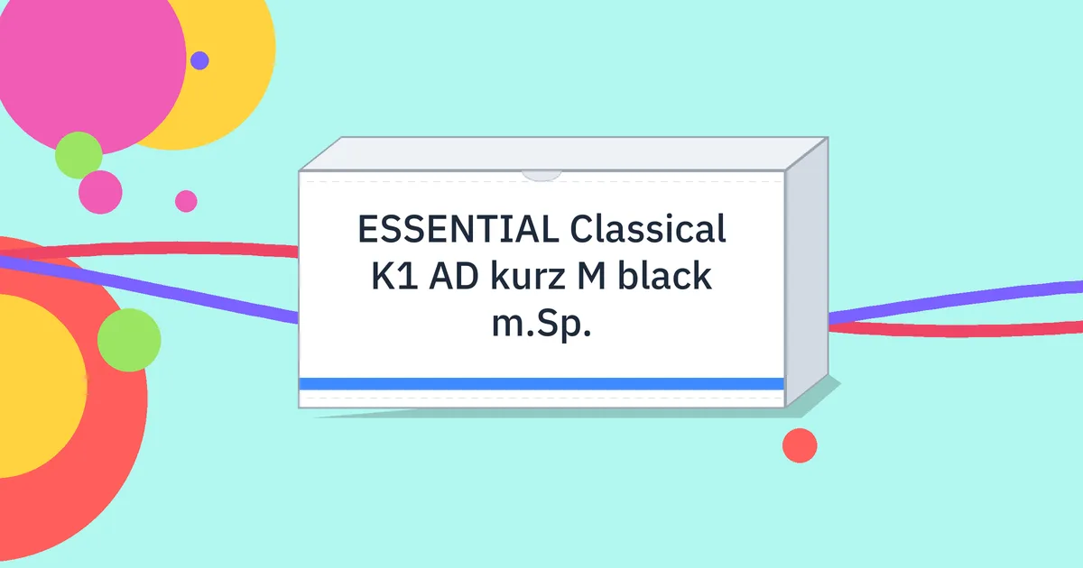 Symbolbild: Packung mit der Aufschrift ESSENTIAL Classical K1 AD kurz M black m.Sp. (PZN 16999885) – Verfügbarkeit und Bezug in Apotheken in Frankfurt am Main