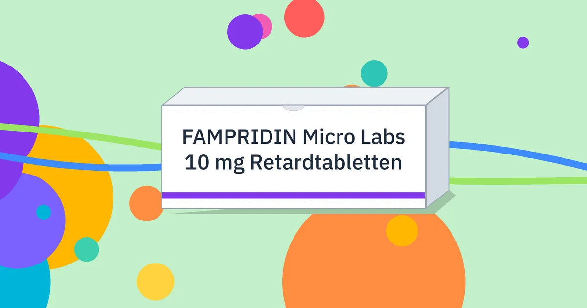 Symbolbild: Packung mit der Aufschrift FAMPRIDIN Micro Labs 10 mg Retardtabletten (PZN 18719393) – Verfügbarkeit und Bezug in Apotheken in Frankfurt am Main