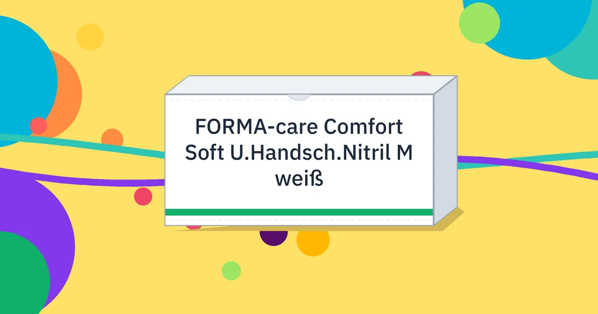 Symbolbild: Packung mit der Aufschrift FORMA-care Comfort Soft U.Handsch.Nitril M weiß (PZN 11615093) – Verfügbarkeit und Bezug in Apotheken in Frankfurt am Main