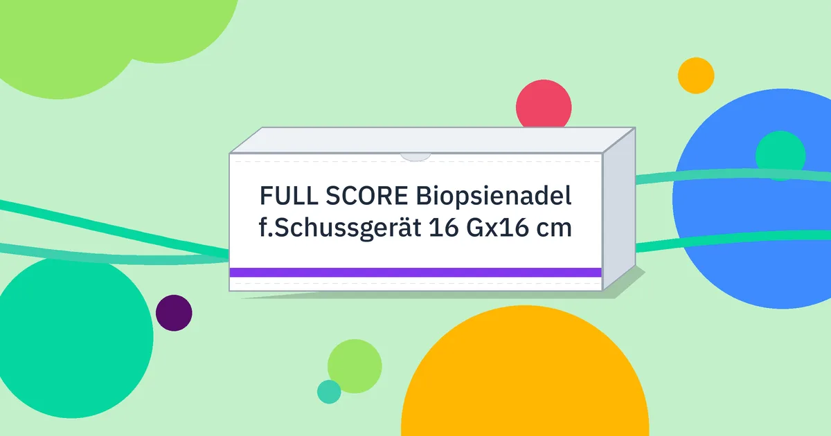 Symbolbild: Packung mit der Aufschrift FULL SCORE Biopsienadel f.Schussgerät 16 Gx16 cm (PZN 12499341) – Verfügbarkeit und Bezug in Apotheken in Frankfurt am Main