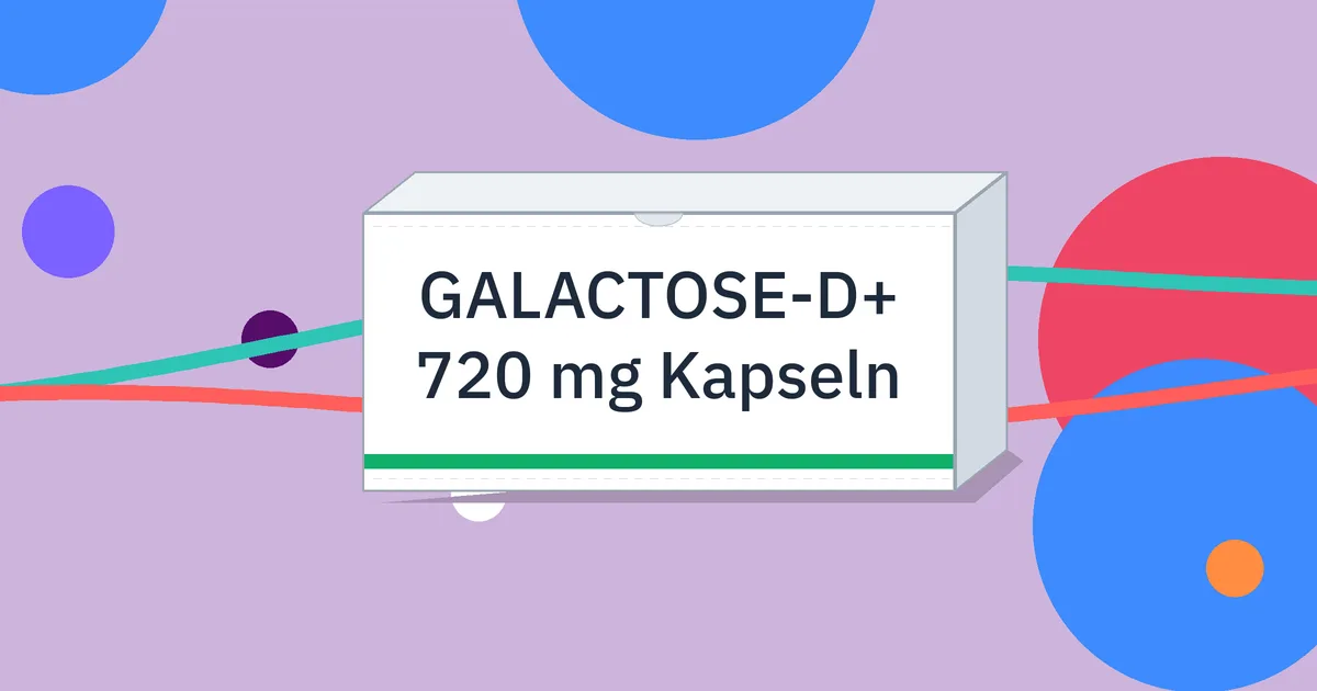 Symbolbild: Packung mit der Aufschrift GALACTOSE-D+ 720 mg Kapseln (PZN 15737284) – Verfügbarkeit und Bezug in Apotheken in Frankfurt am Main