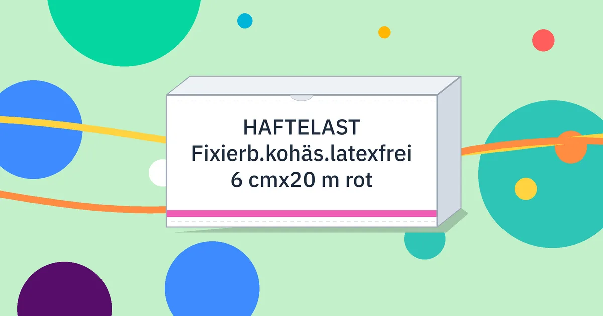 Symbolbild: Packung mit der Aufschrift HAFTELAST Fixierb.kohäs.latexfrei 6 cmx20 m rot (PZN 08817278) – Verfügbarkeit und Bezug in Apotheken in Frankfurt am Main