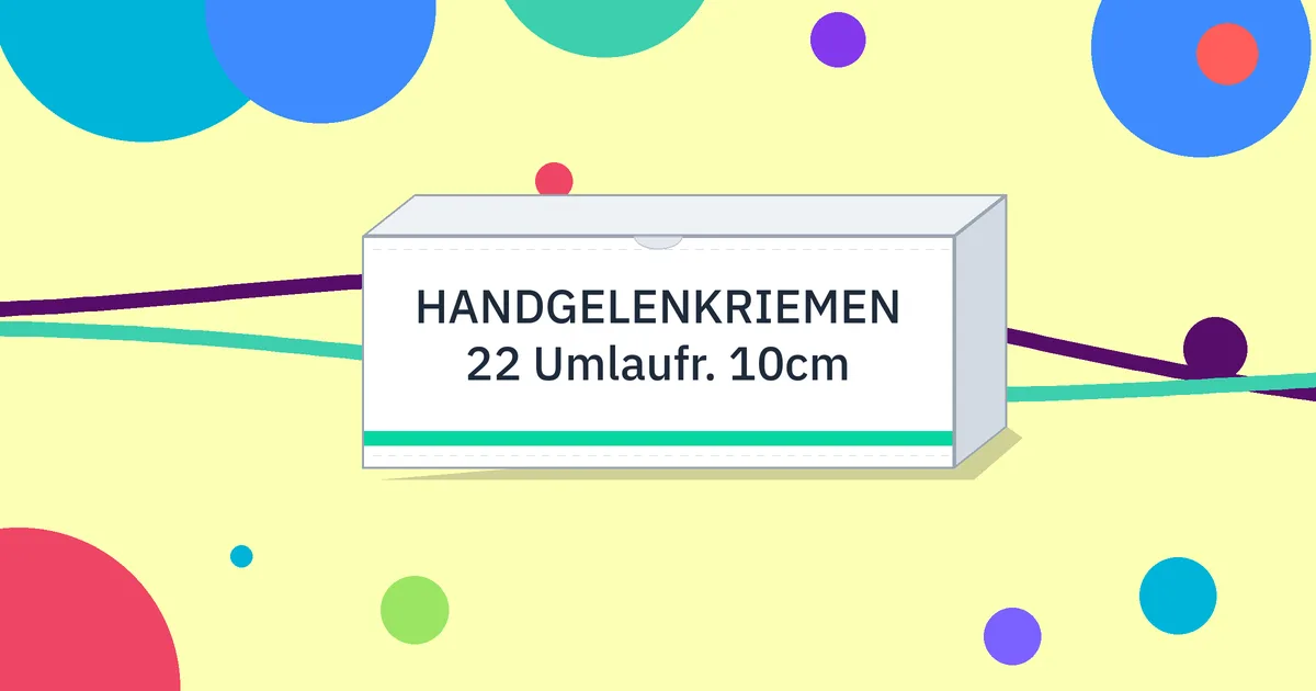 Symbolbild: Packung mit der Aufschrift HANDGELENKRIEMEN 22 Umlaufr. 10cm (PZN 01962818) – Verfügbarkeit und Bezug in Apotheken in Frankfurt am Main