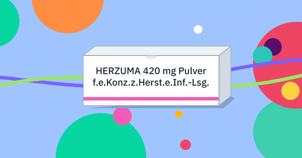 Symbolbild: Packung mit der Aufschrift HERZUMA 420 mg Pulver f.e.Konz.z.Herst.e.Inf.-Lsg. (PZN 15202821) – Verfügbarkeit und Bezug in Apotheken in Frankfurt am Main