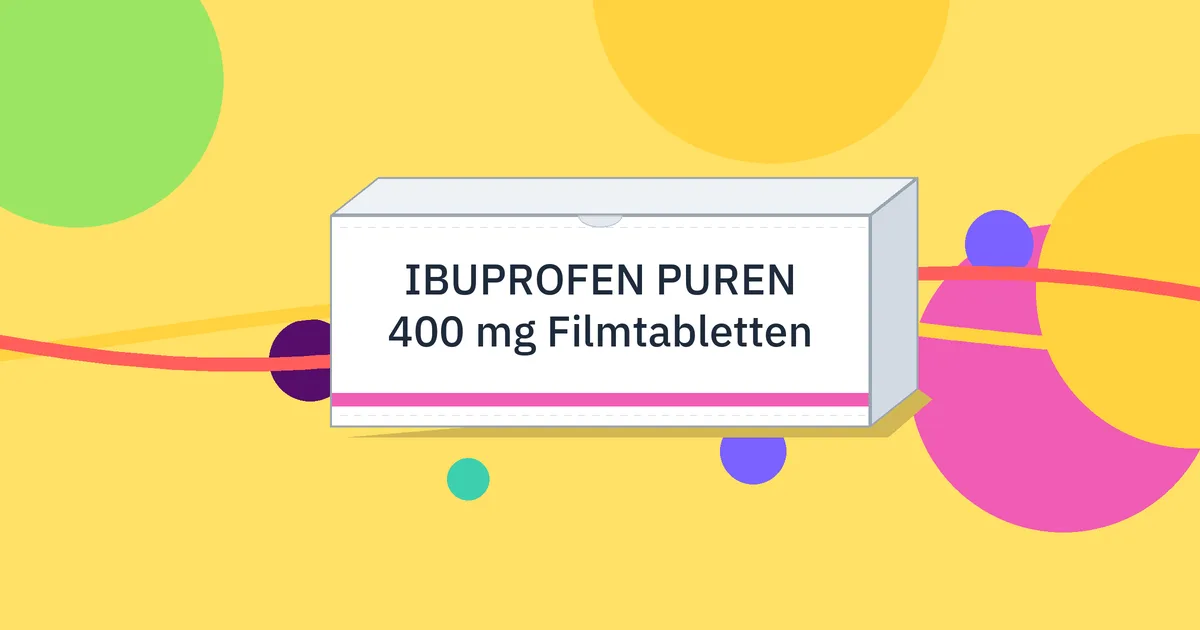 Symbolbild: Packung mit der Aufschrift IBUPROFEN PUREN 400 mg Filmtabletten (PZN 13816654) – Verfügbarkeit und Bezug in Apotheken in Frankfurt am Main