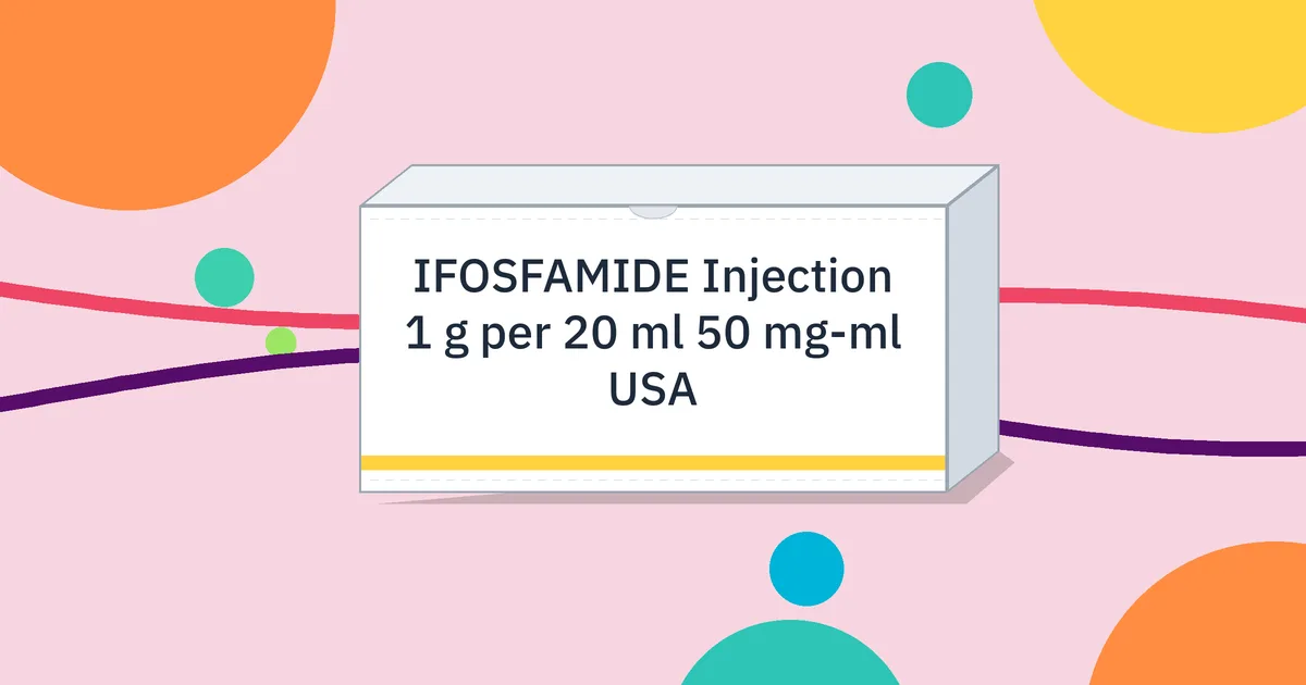Symbolbild: Packung mit der Aufschrift IFOSFAMIDE Injection 1 g per 20 ml 50 mg-ml USA (PZN 20869289) – Verfügbarkeit und Bezug in Apotheken in Frankfurt am Main