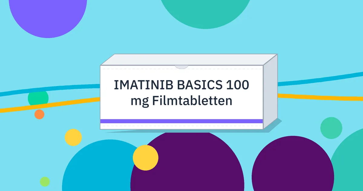 Symbolbild: Packung mit der Aufschrift IMATINIB BASICS 100 mg Filmtabletten (PZN 11653018) – Verfügbarkeit und Bezug in Apotheken in Frankfurt am Main