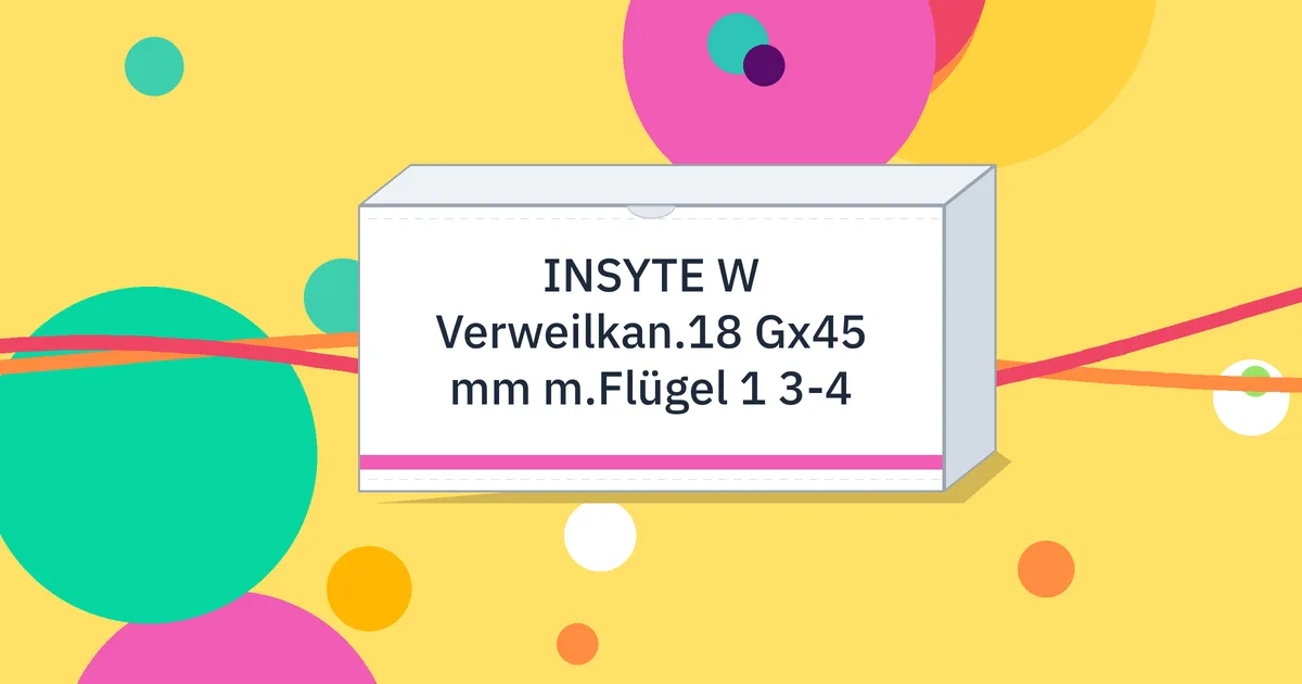 Symbolbild: Packung mit der Aufschrift INSYTE W Verweilkan.18 Gx45 mm m.Flügel 1 3-4 (PZN 13871179) – Verfügbarkeit und Bezug in Apotheken in Frankfurt am Main