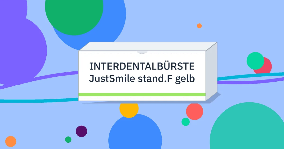 Symbolbild: Packung mit der Aufschrift INTERDENTALBÜRSTE JustSmile stand.F gelb (PZN 09768487) – Verfügbarkeit und Bezug in Apotheken in Frankfurt am Main
