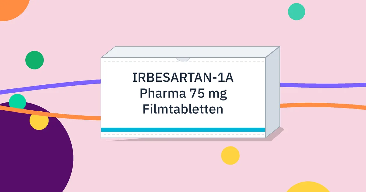 Symbolbild: Packung mit der Aufschrift IRBESARTAN-1A Pharma 75 mg Filmtabletten (PZN 09607181) – Verfügbarkeit und Bezug in Apotheken in Frankfurt am Main
