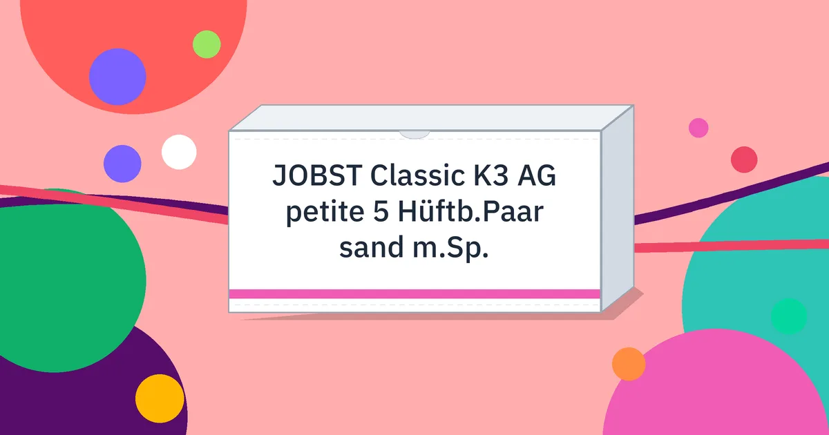 Symbolbild: Packung mit der Aufschrift JOBST Classic K3 AG petite 5 Hüftb.Paar sand m.Sp. (PZN 13074684) – Verfügbarkeit und Bezug in Apotheken in Frankfurt am Main