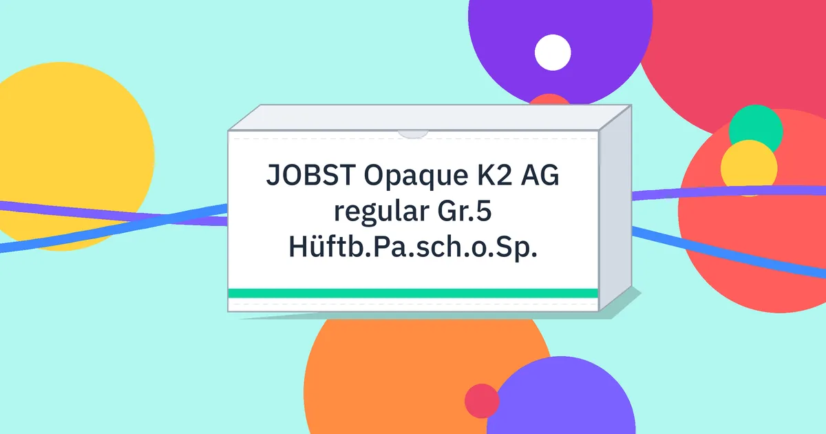 Symbolbild: Packung mit der Aufschrift JOBST Opaque K2 AG regular Gr.5 Hüftb.Pa.sch.o.Sp. (PZN 13117040) – Verfügbarkeit und Bezug in Apotheken in Frankfurt am Main