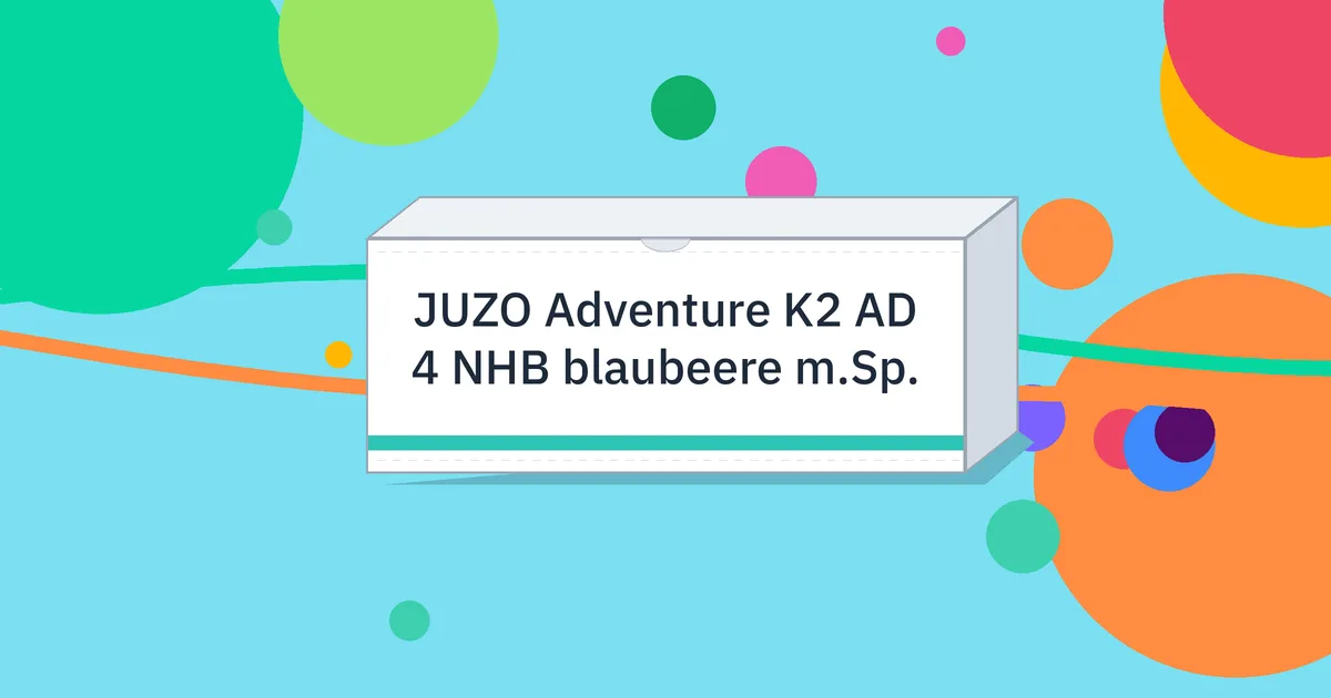 Symbolbild: Packung mit der Aufschrift JUZO Adventure K2 AD 4 NHB blaubeere m.Sp. (PZN 16345008) – Verfügbarkeit und Bezug in Apotheken in Frankfurt am Main