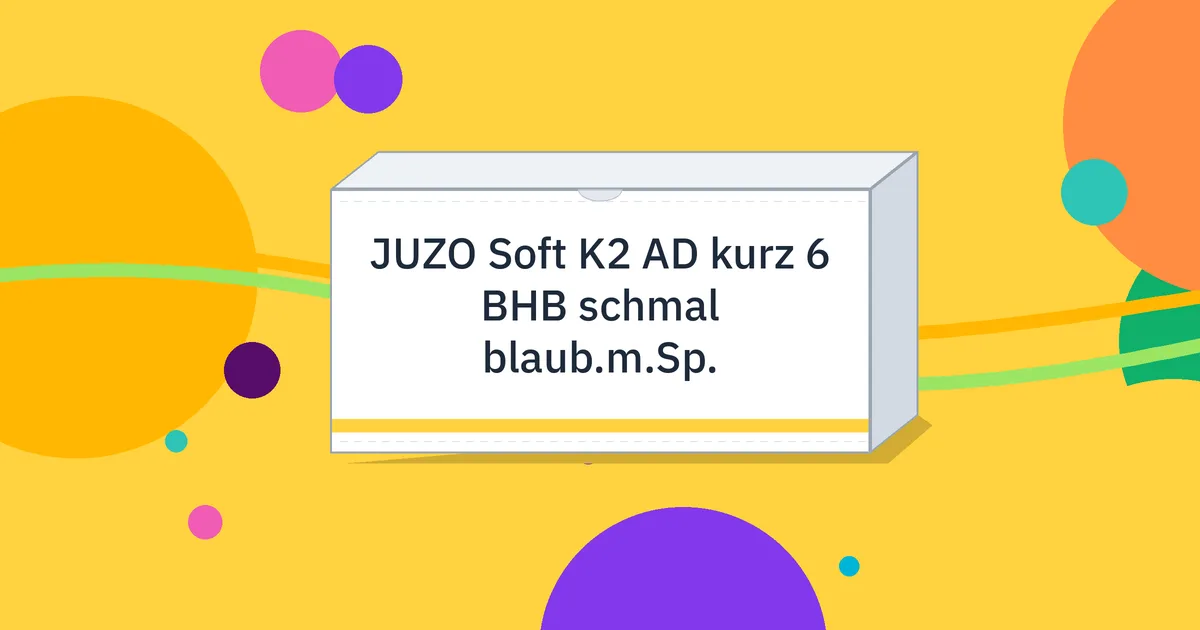 Symbolbild: Packung mit der Aufschrift JUZO Soft K2 AD kurz 6 BHB schmal blaub.m.Sp. (PZN 15465874) – Verfügbarkeit und Bezug in Apotheken in Frankfurt am Main