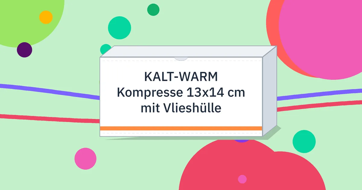 Symbolbild: Packung mit der Aufschrift KALT-WARM Kompresse 13x14 cm mit Vlieshülle (PZN 15577099) – Verfügbarkeit und Bezug in Apotheken in Frankfurt am Main