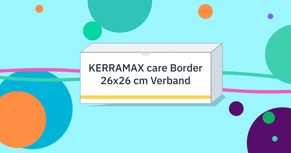 Symbolbild: Packung mit der Aufschrift KERRAMAX care Border 26x26 cm Verband (PZN 11140448) – Verfügbarkeit und Bezug in Apotheken in Frankfurt am Main