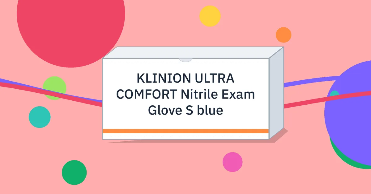 Symbolbild: Packung mit der Aufschrift KLINION ULTRA COMFORT Nitrile Exam Glove S blue (PZN 19683585) – Verfügbarkeit und Bezug in Apotheken in Frankfurt am Main