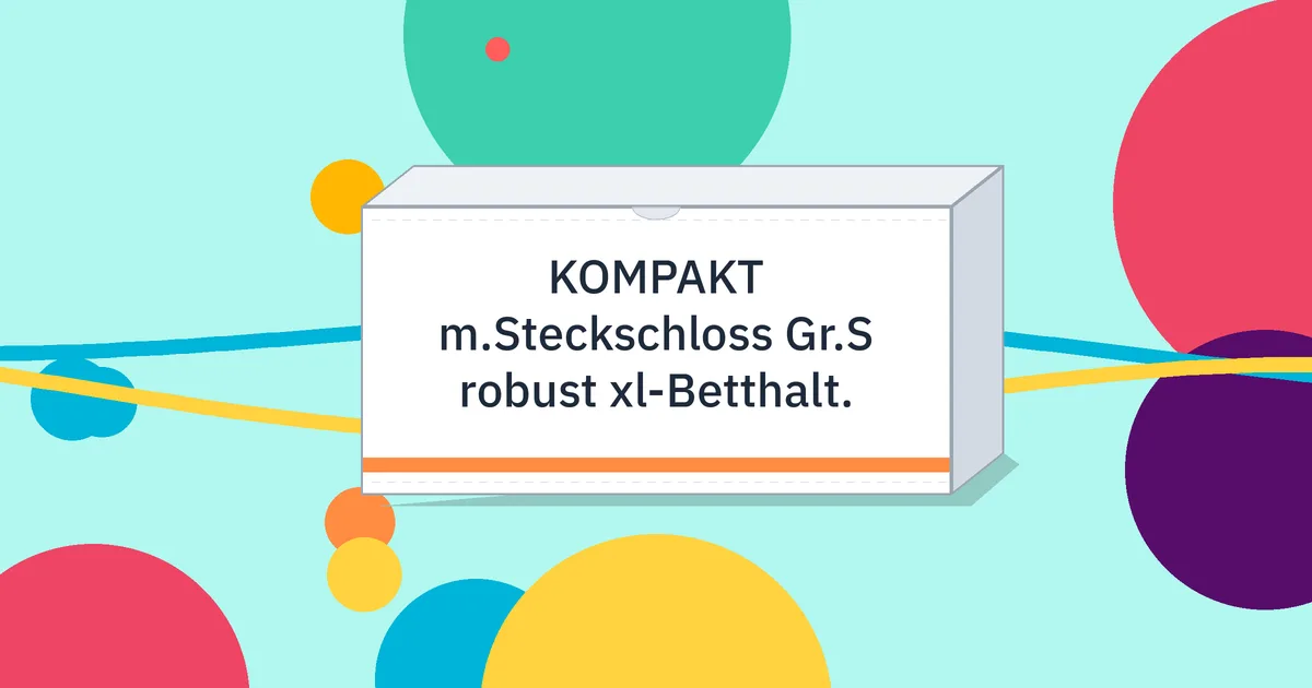Symbolbild: Packung mit der Aufschrift KOMPAKT m.Steckschloss Gr.S robust xl-Betthalt. (PZN 11568985) – Verfügbarkeit und Bezug in Apotheken in Frankfurt am Main