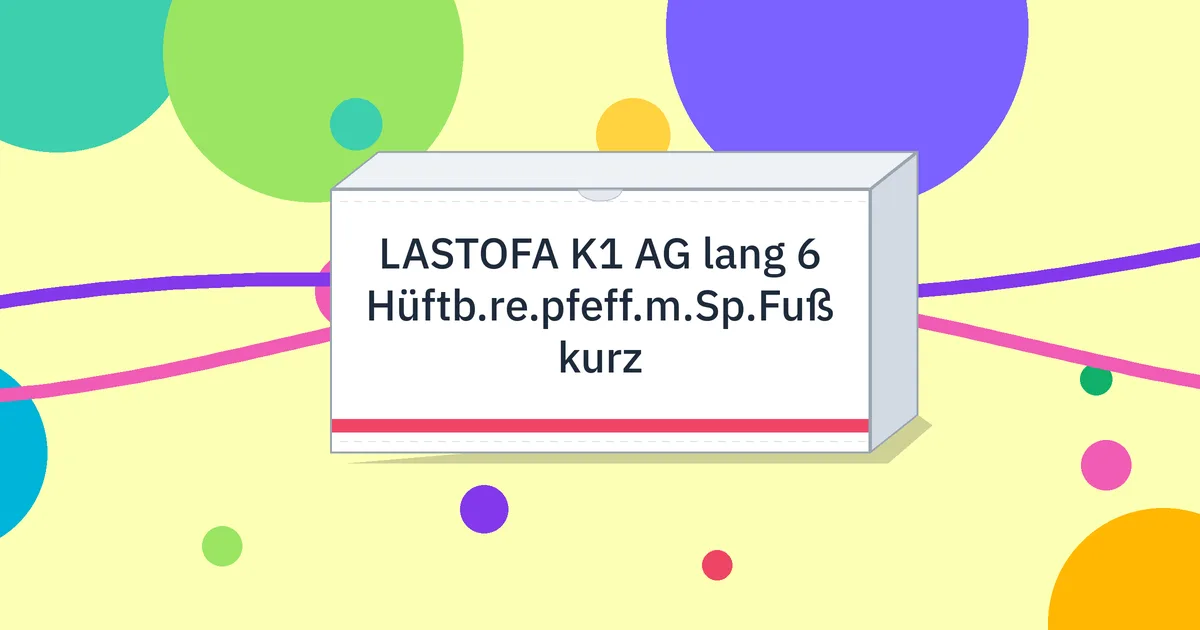 Symbolbild: Packung mit der Aufschrift LASTOFA K1 AG lang 6 Hüftb.re.pfeff.m.Sp.Fuß kurz (PZN 13799275) – Verfügbarkeit und Bezug in Apotheken in Frankfurt am Main