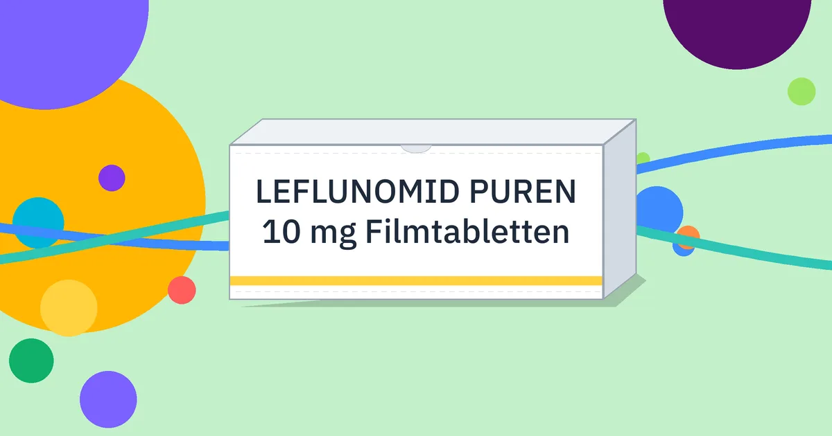 Symbolbild: Packung mit der Aufschrift LEFLUNOMID PUREN 10 mg Filmtabletten (PZN 18326357) – Verfügbarkeit und Bezug in Apotheken in Frankfurt am Main