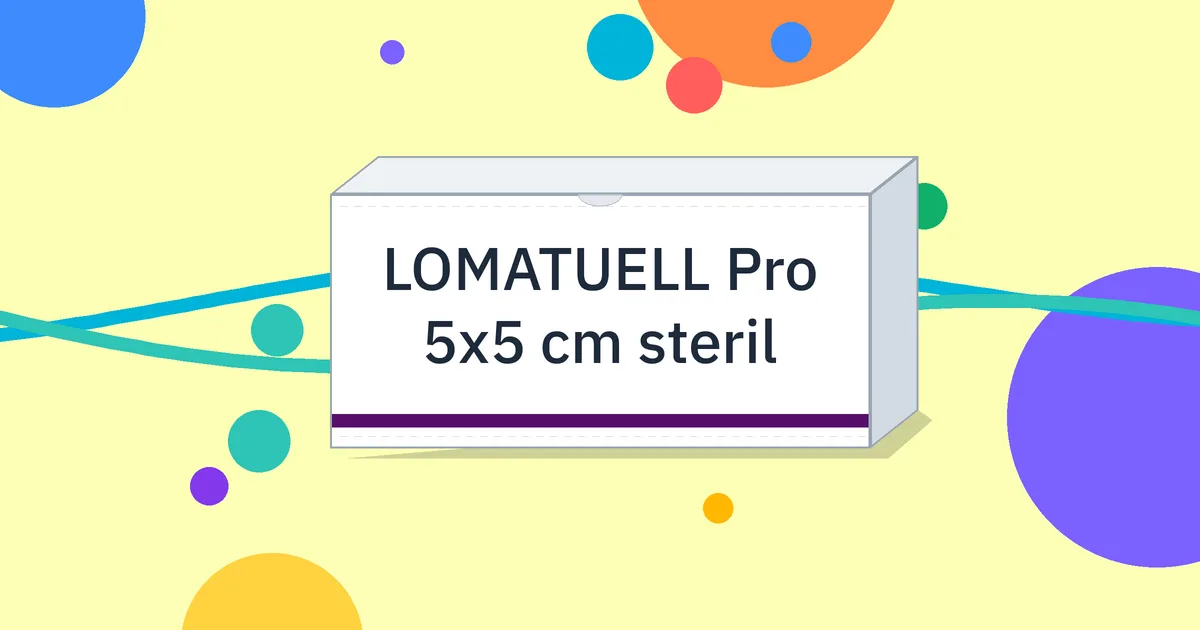 Symbolbild: Packung mit der Aufschrift LOMATUELL Pro 5x5 cm steril (PZN 20011945) – Verfügbarkeit und Bezug in Apotheken in Frankfurt am Main