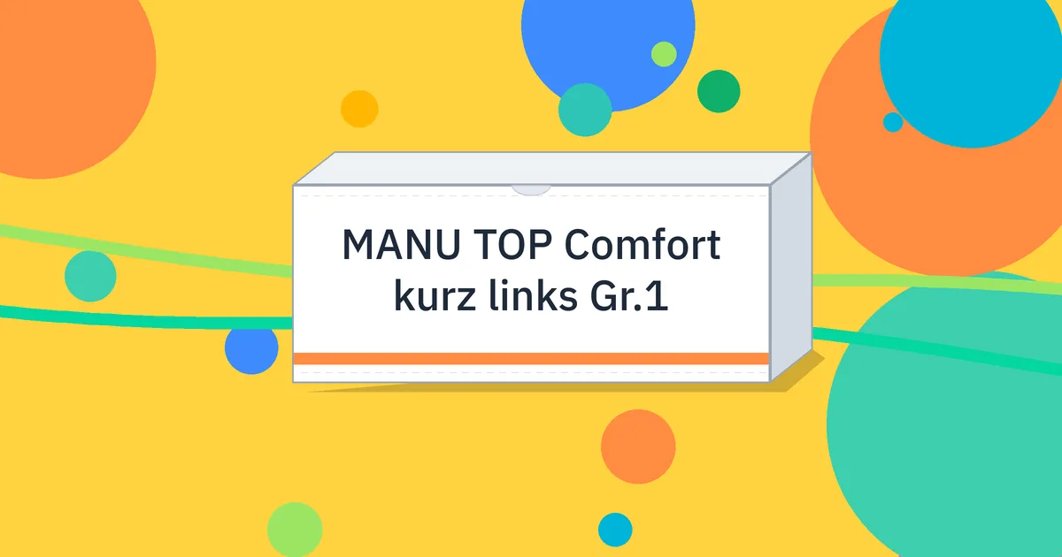 Symbolbild: Packung mit der Aufschrift MANU TOP Comfort kurz links Gr.1 (PZN 02770268) – Verfügbarkeit und Bezug in Apotheken in Frankfurt am Main