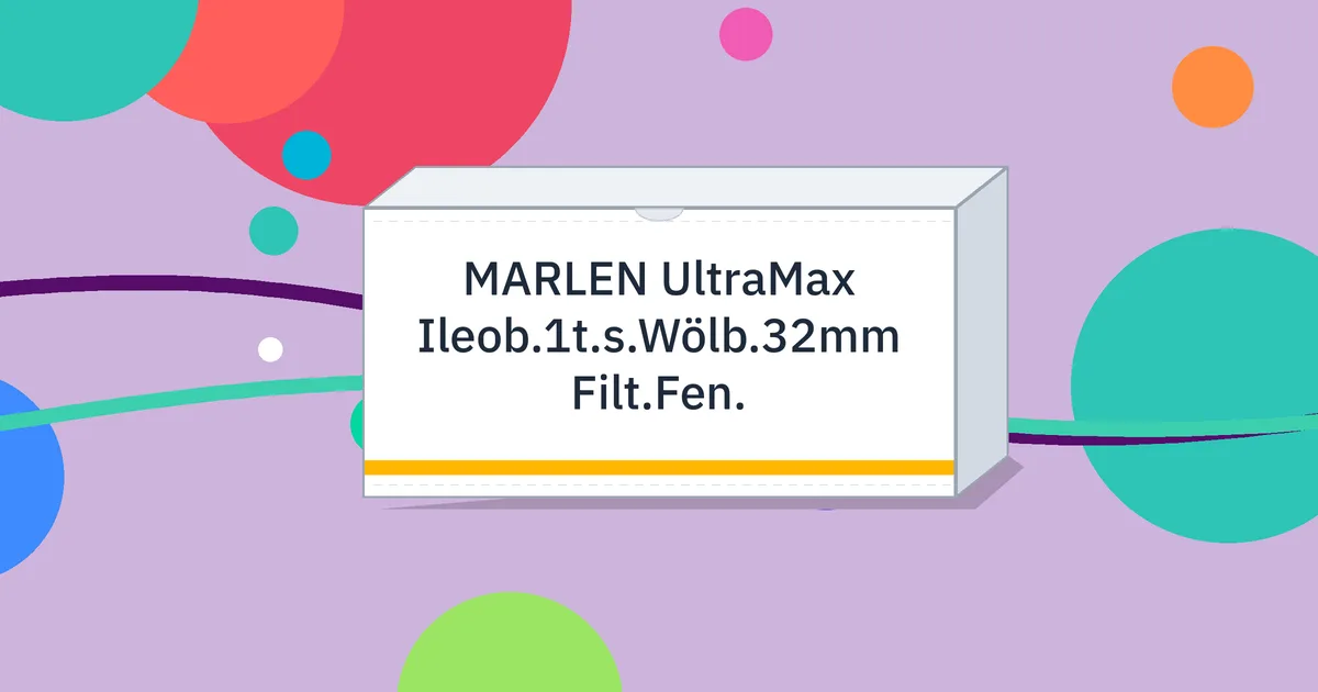 Symbolbild: Packung mit der Aufschrift MARLEN UltraMax Ileob.1t.s.Wölb.32mm Filt.Fen. (PZN 10741298) – Verfügbarkeit und Bezug in Apotheken in Frankfurt am Main