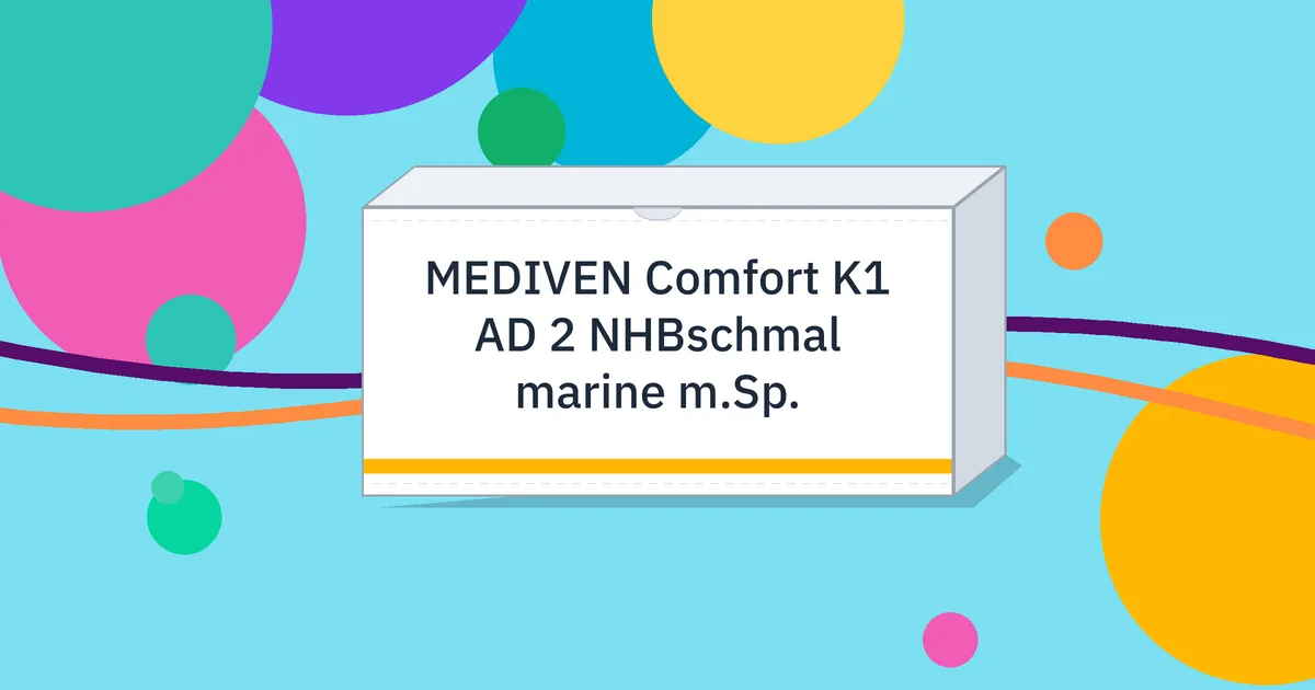 Symbolbild: Packung mit der Aufschrift MEDIVEN Comfort K1 AD 2 NHBschmal marine m.Sp. (PZN 14562256) – Verfügbarkeit und Bezug in Apotheken in Frankfurt am Main